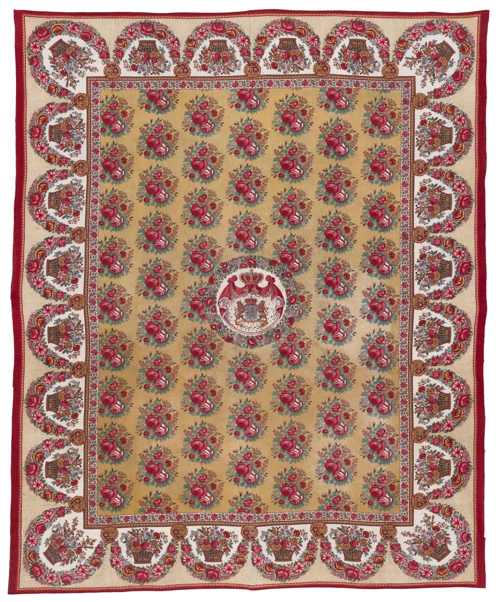 Ceremonial cloth depicting Dutch royal coat of arms and floral motifs ...