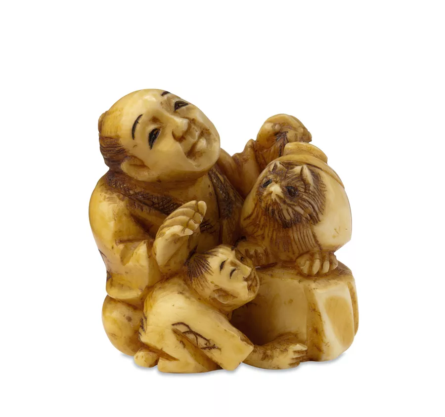 Netsuke, Tale of the lucky tea kettle (Bunbuku chagama) - AGSA Collection