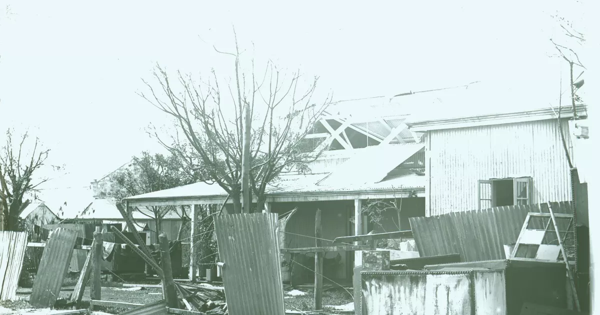 Buildings showing force of cyclone - AGSA Collection