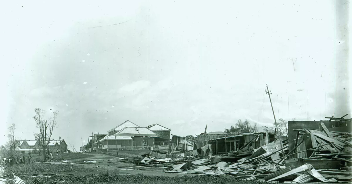 Buildings showing force of cyclone - AGSA Collection