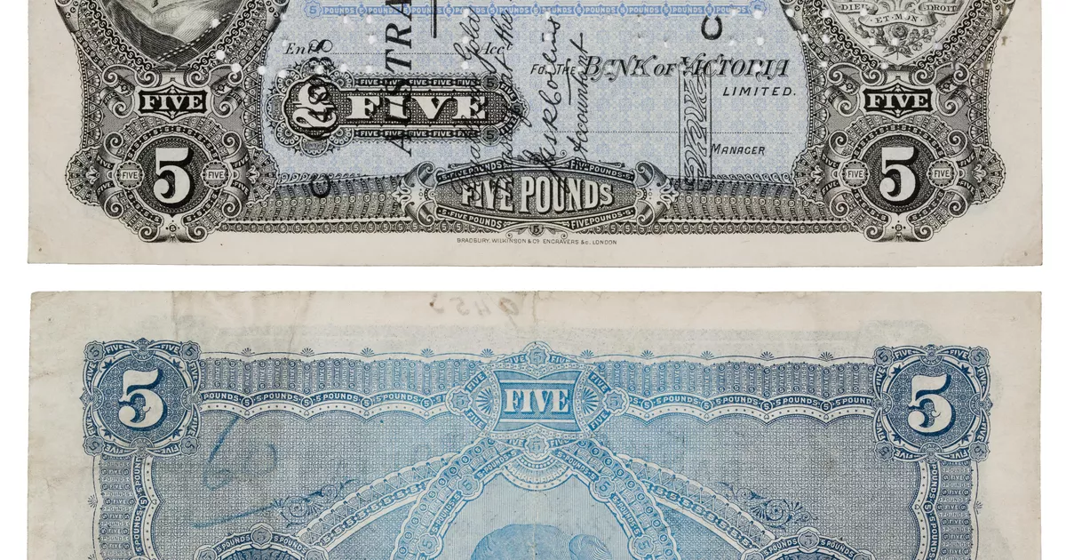 Superscribed Note. Commonwealth of Australia: Bank of Victoria five ...