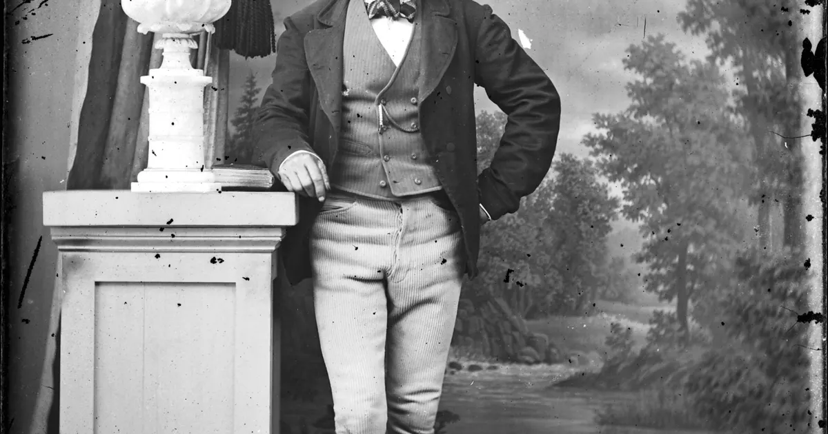 Studio portrait of bearded man with hat, plinth, curtain at left - AGSA ...