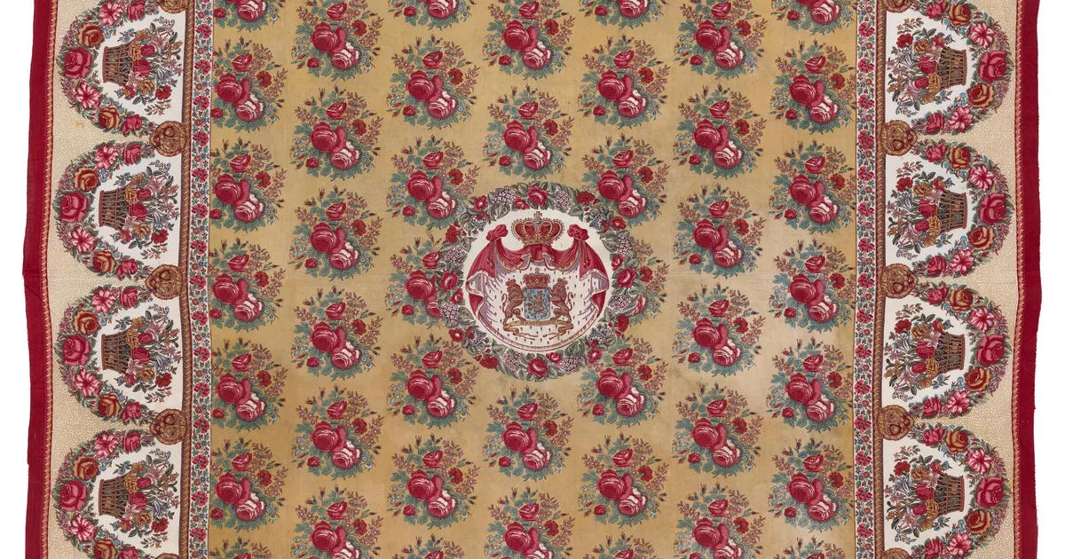 Ceremonial cloth depicting Dutch royal coat of arms and floral motifs ...