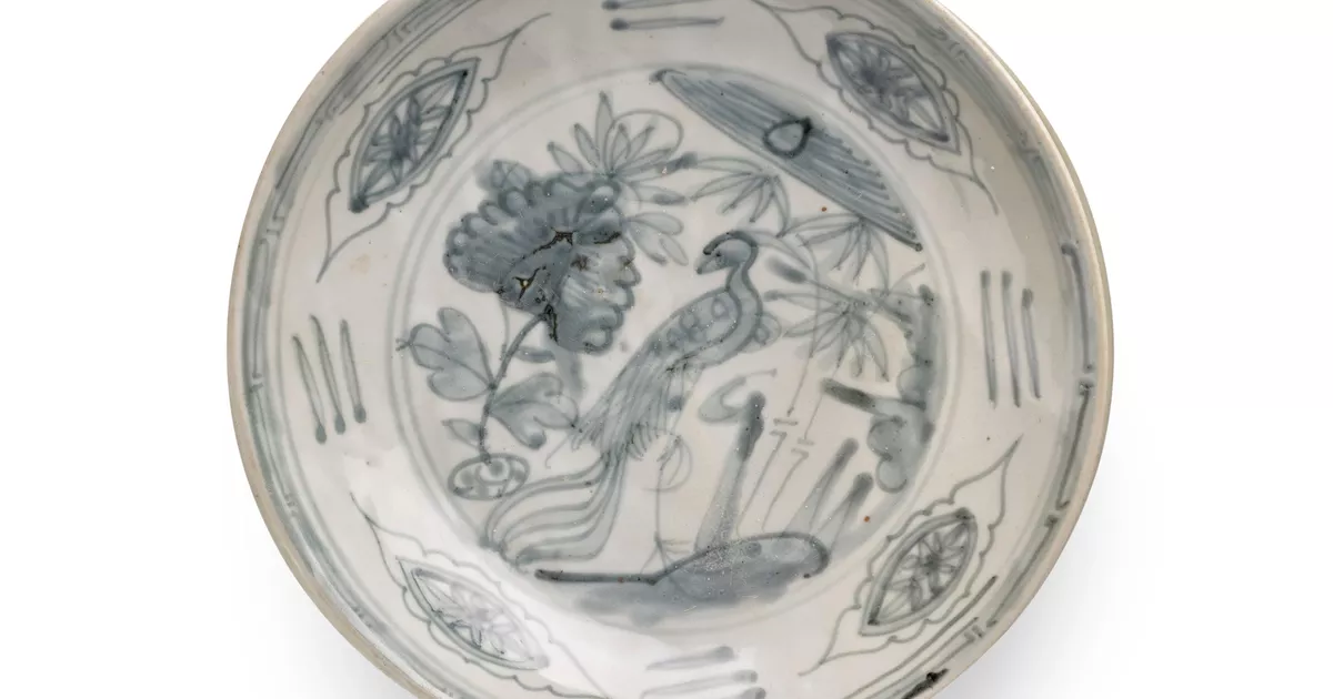 Plate, with bird on rock motif and auspicious symbols - AGSA Collection