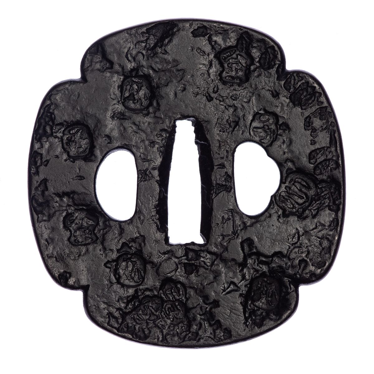 Tsuba, heavy texture with punch marks including the characters for ...