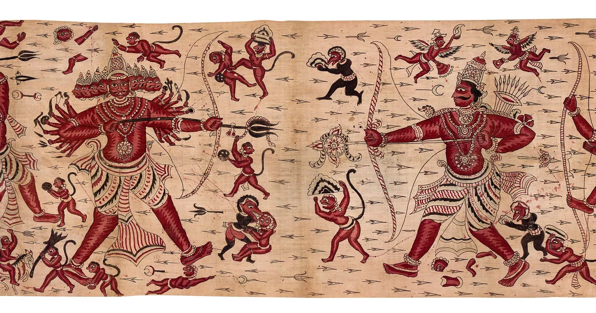 Ceremonial cloth and sacred heirloom, depicting the battle of Rama and ...