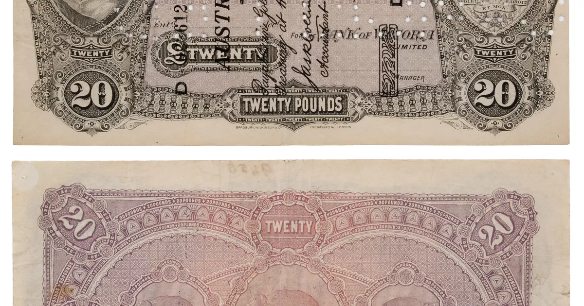 Superscribed Note. Commonwealth of Australia: Bank of Victoria twenty ...