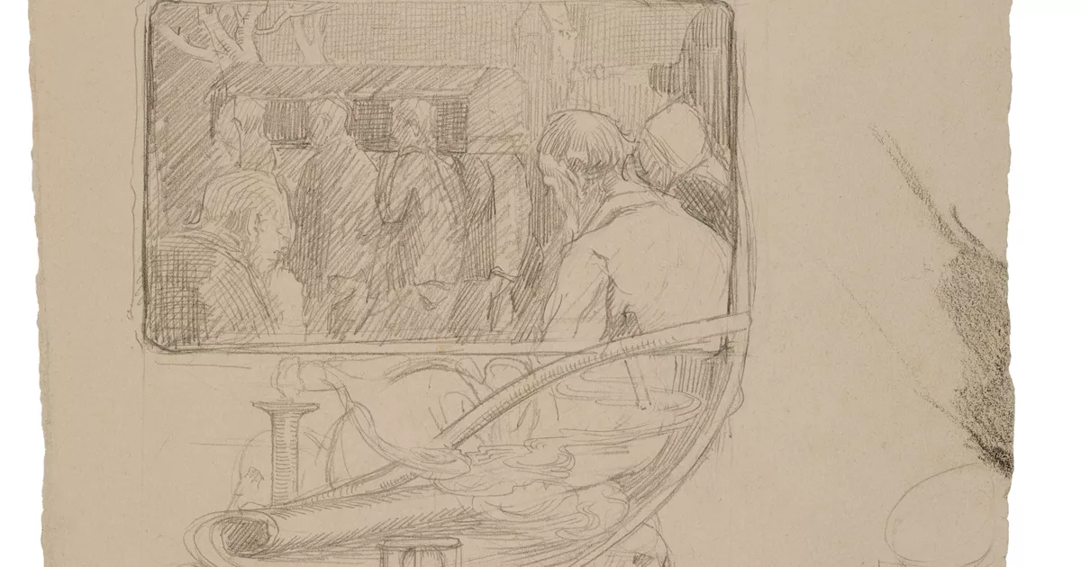 Studies of figures in field and man ploughing, a funeral procession ...