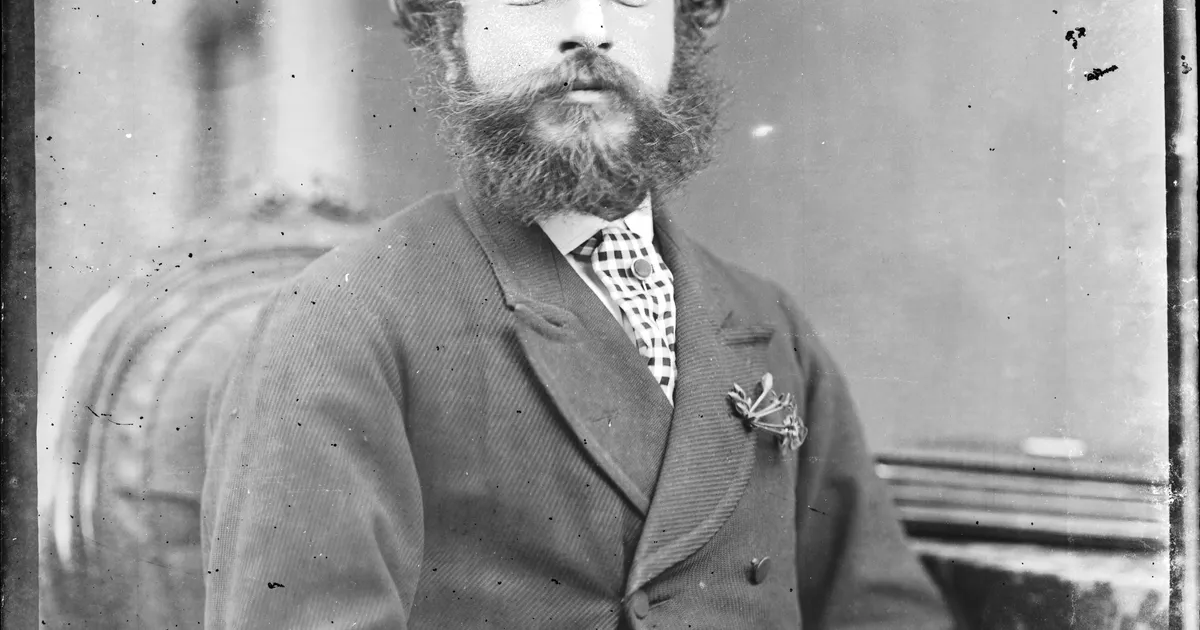 Portrait of gentleman with decorated buttonhole and patterned tie ...