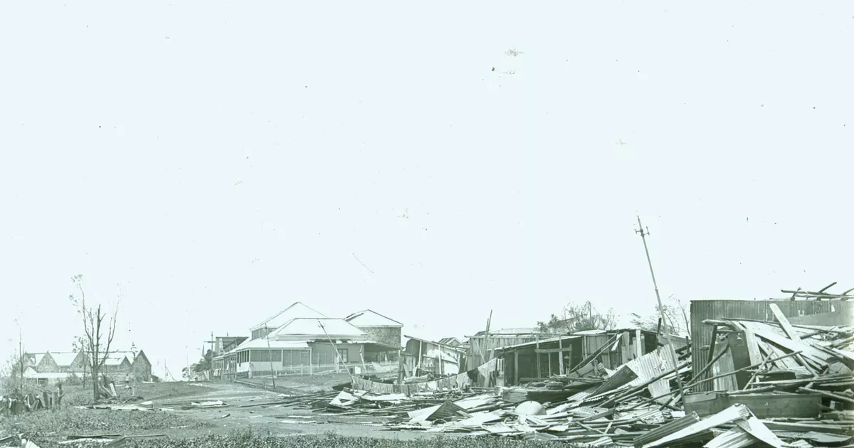 Buildings showing force of cyclone - AGSA Collection