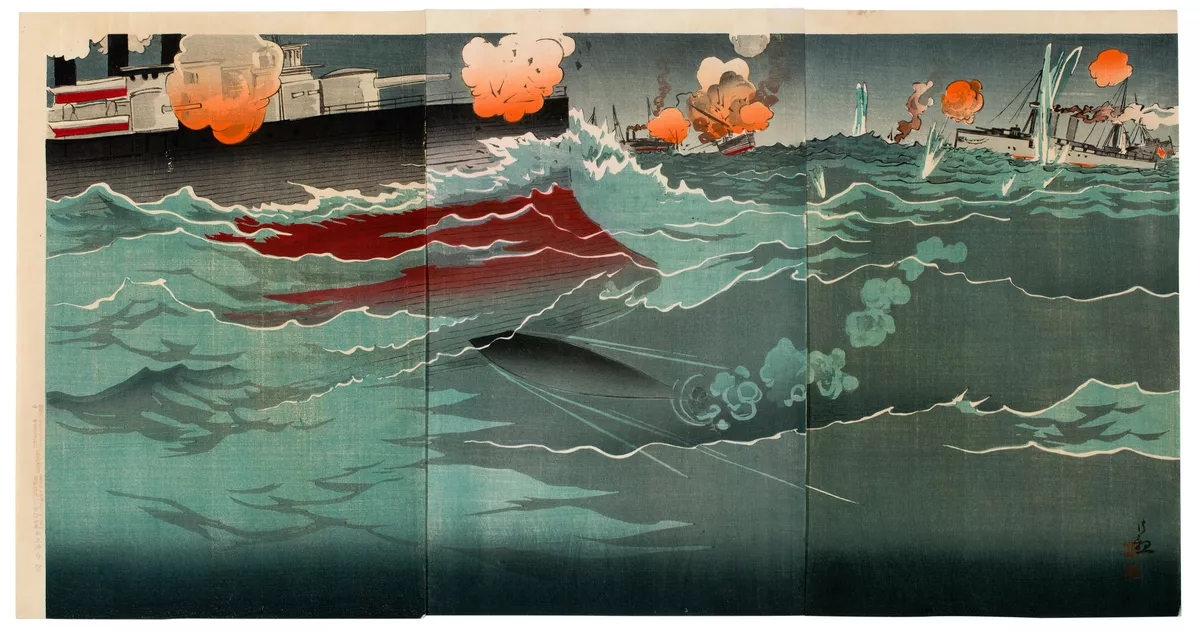 Our torpedo hitting a Russian warship at the Great Navel Battle of Port ...