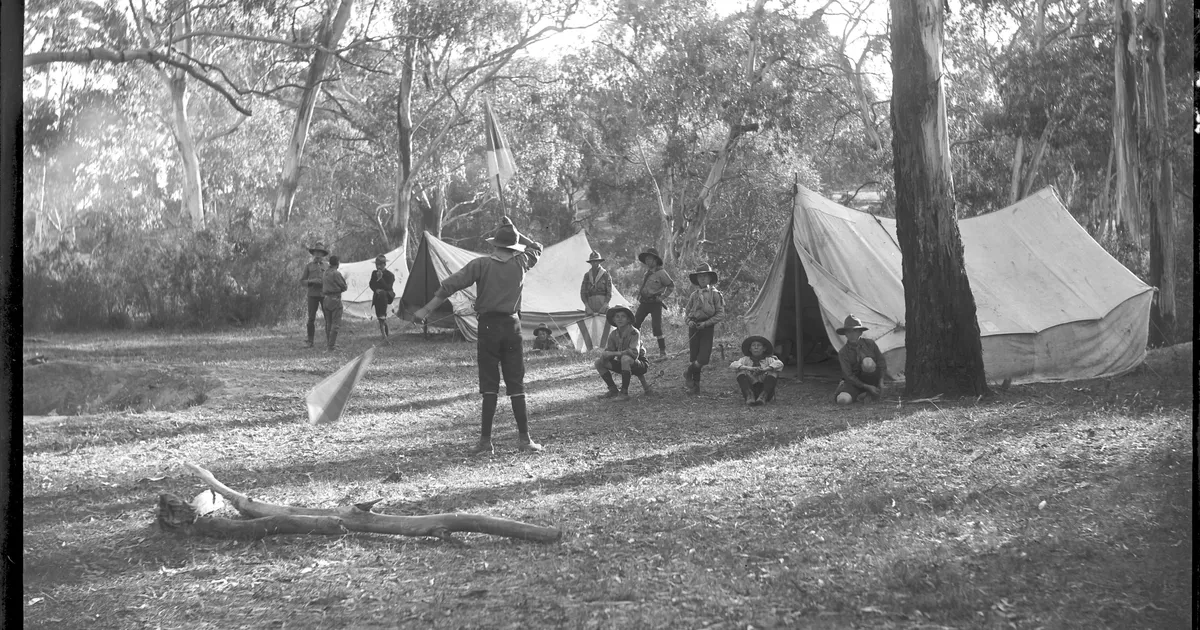 Boy scouts practising semaphore flag signalling - AGSA Collection