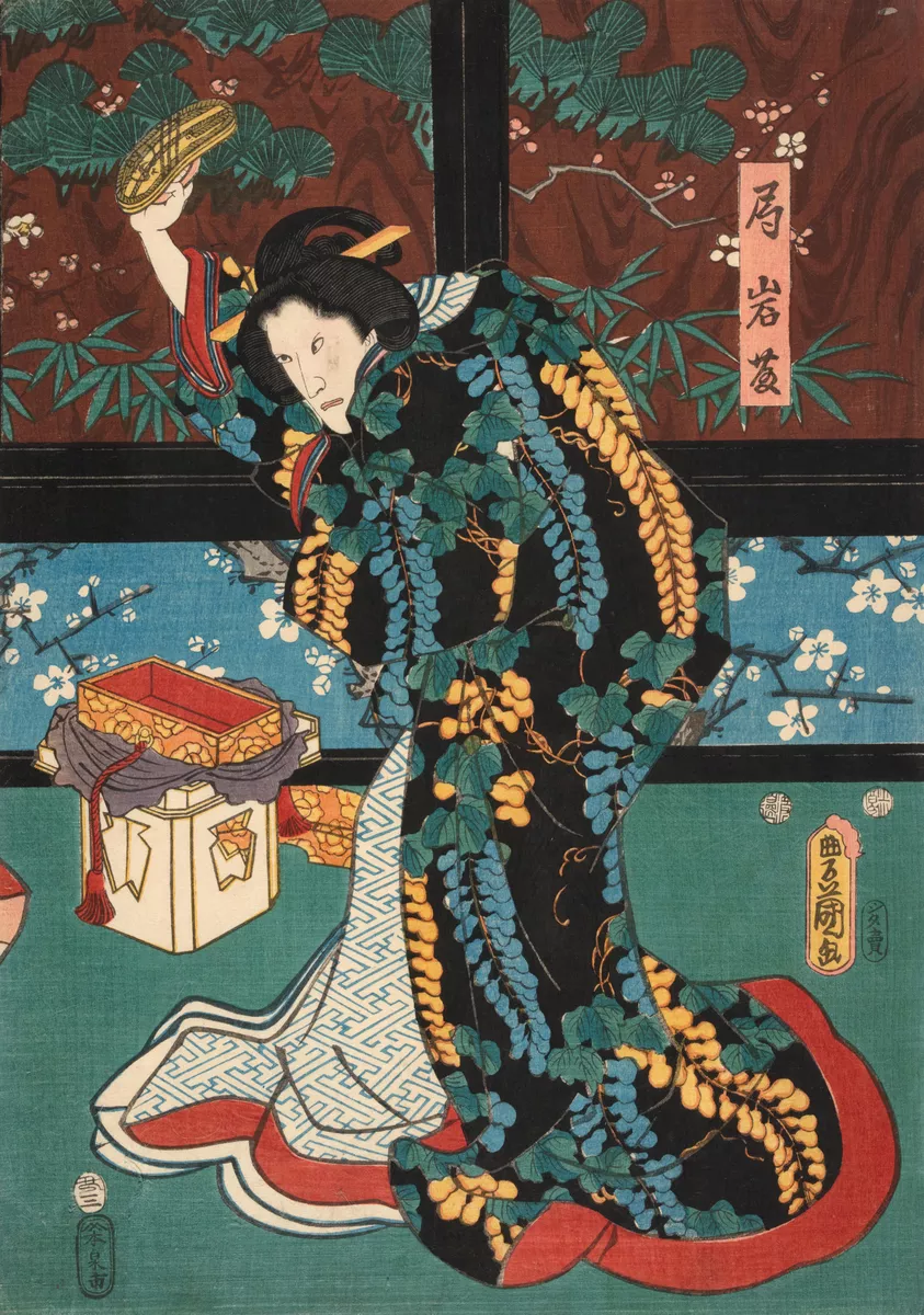 The kabuki play Kagamiyama with actors Ichikawa Kodanji IV (1812-1866 ...
