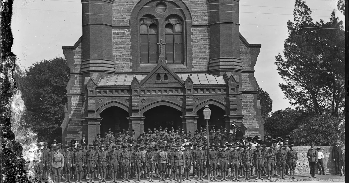 Large group gathered in front of church - AGSA Collection