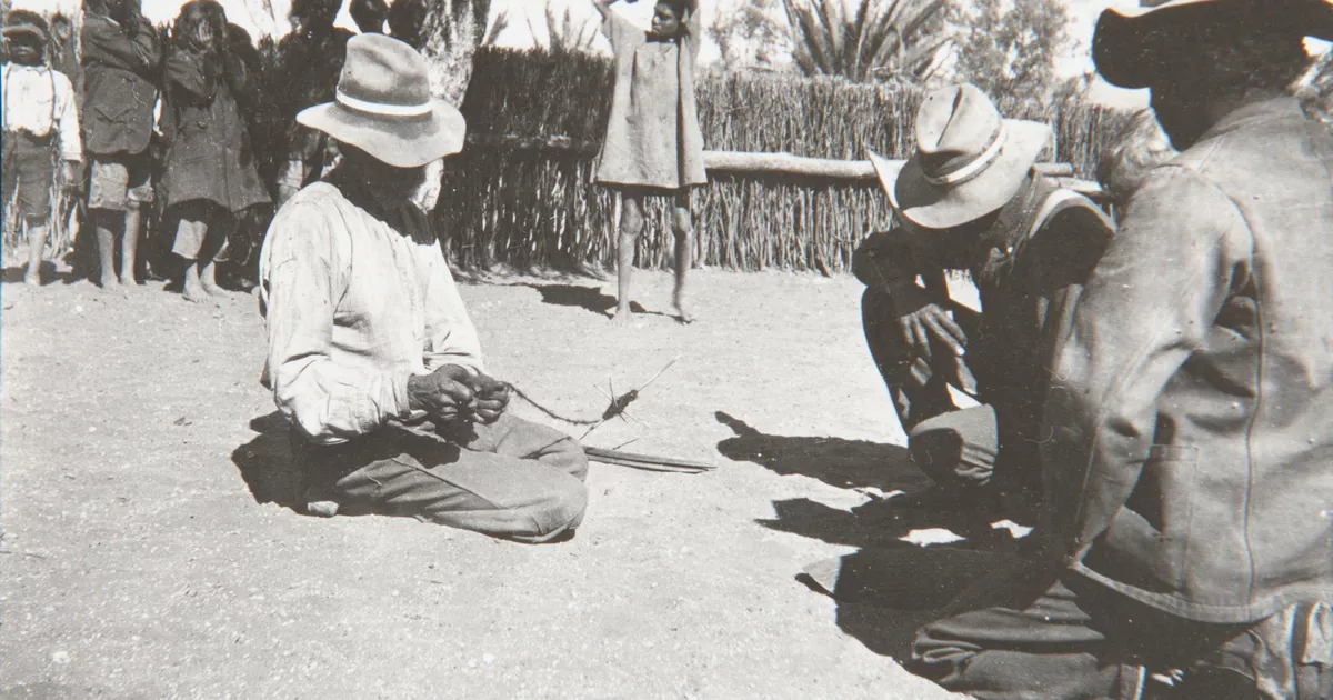Arrernte man demonstrating spinning with spindle - AGSA Collection