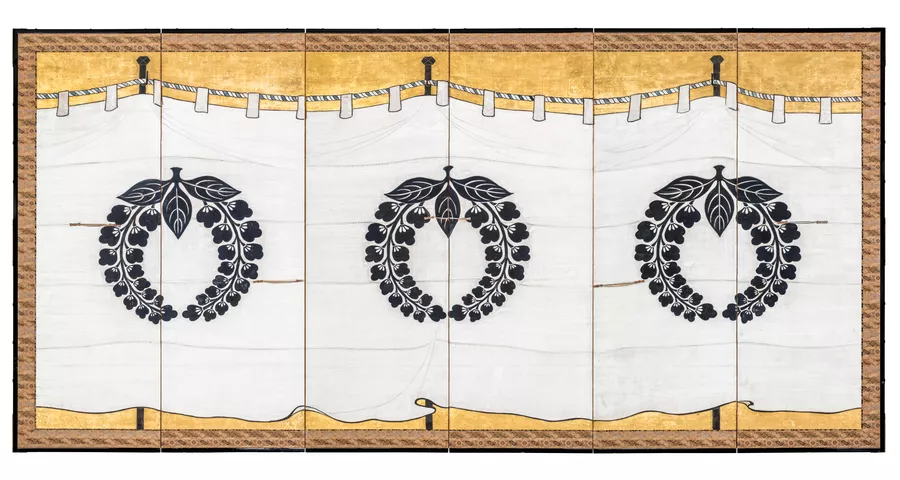 Military banner (jinmaku), with falling wisteria crest - AGSA Collection