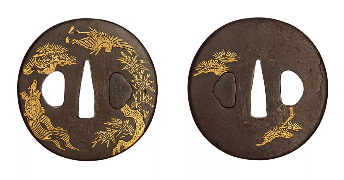Tsuba, tortoise with 'coat' of water-weed, pine, crane and bamboo ...